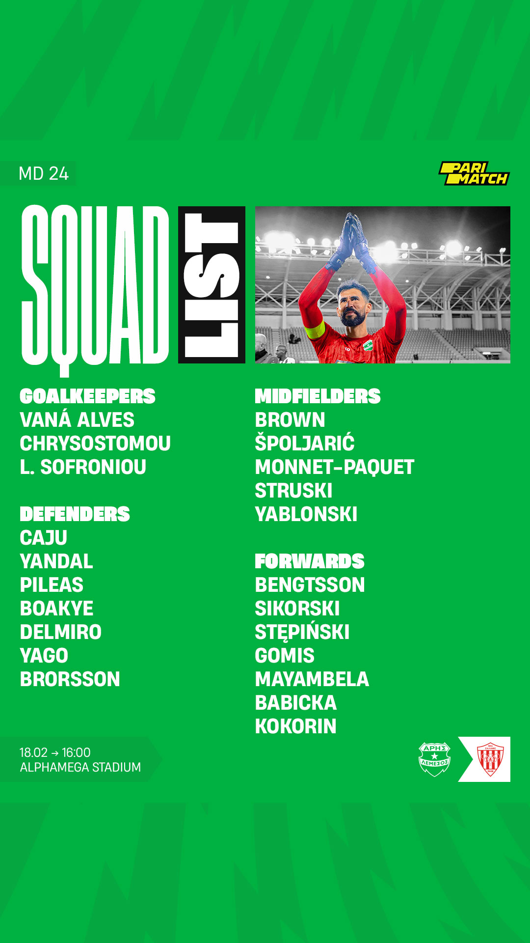 Squad list for MD 24| Aris Limassol