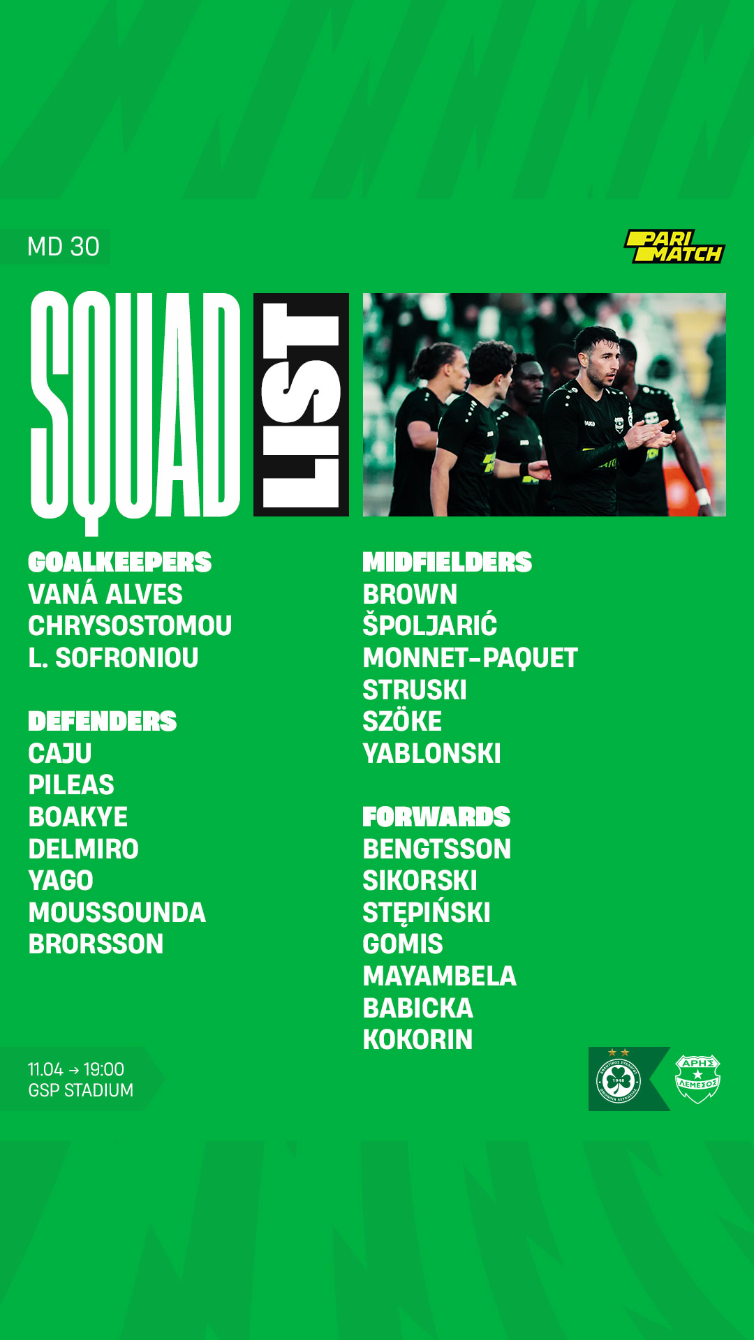 Squad list for MD 30| Aris Limassol