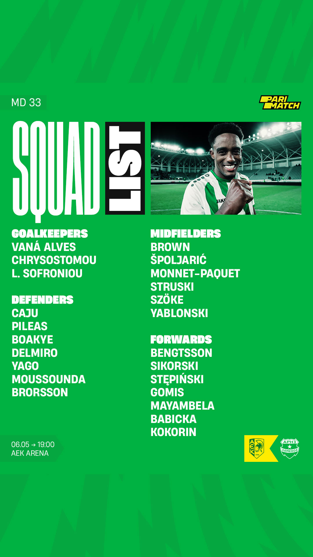 Squad list for MD 33| Aris Limassol
